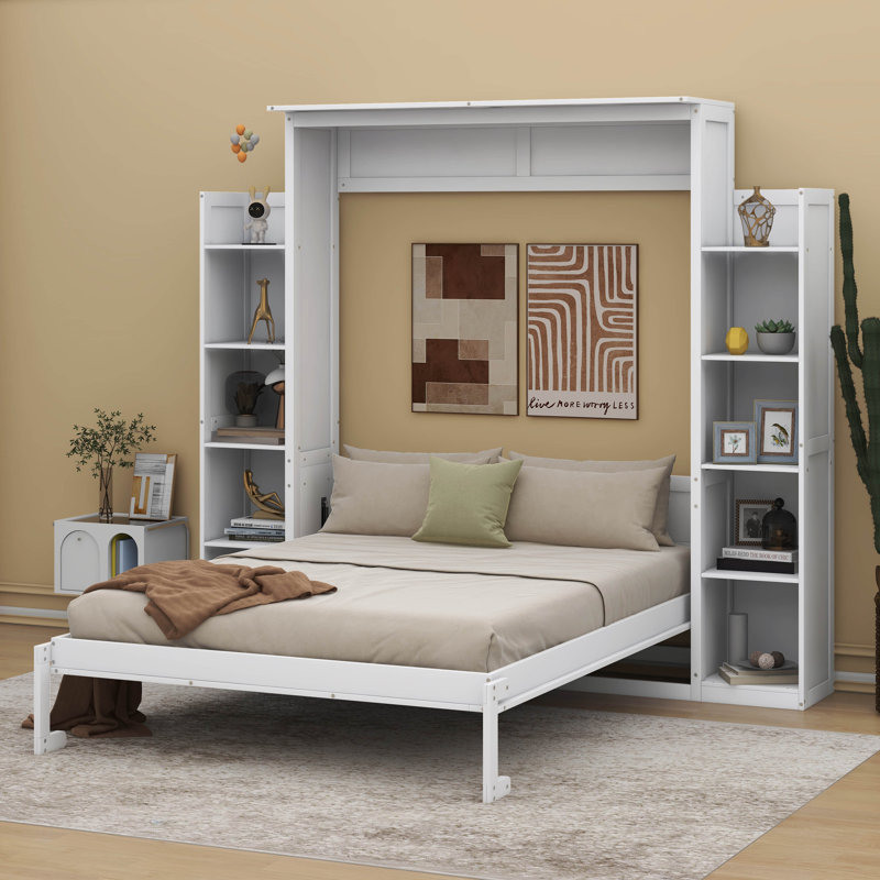 Dreddy Queen Size Murphy Bed Wall Bed with Shelves and LED Lights Wildon Home Color White